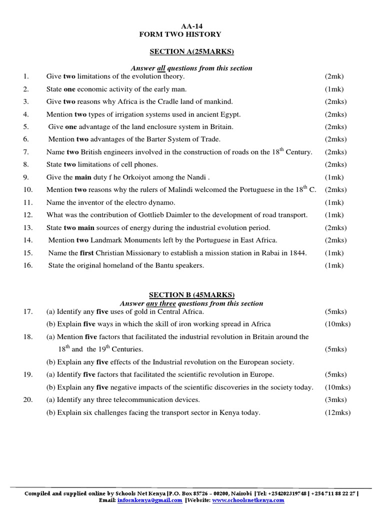 Answer All Questions From This Section: AA-14 Form Two History Section ...