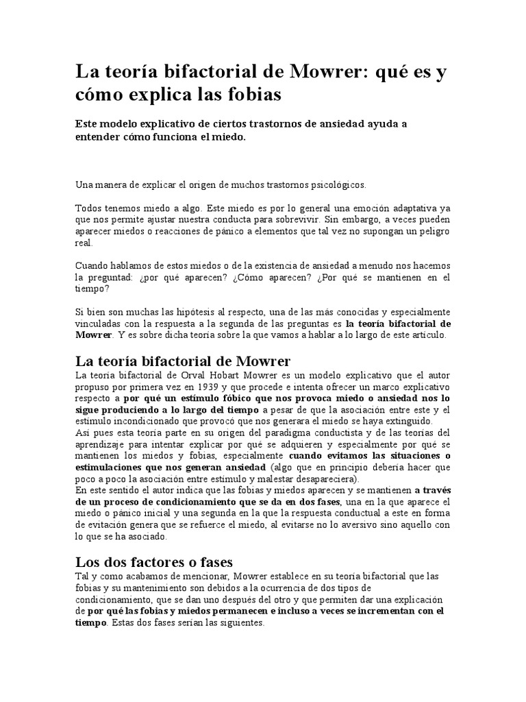 Teoría bifactorial de Mowrer y fobias | PDF | Desorden obsesivo compulsivo | Fobia