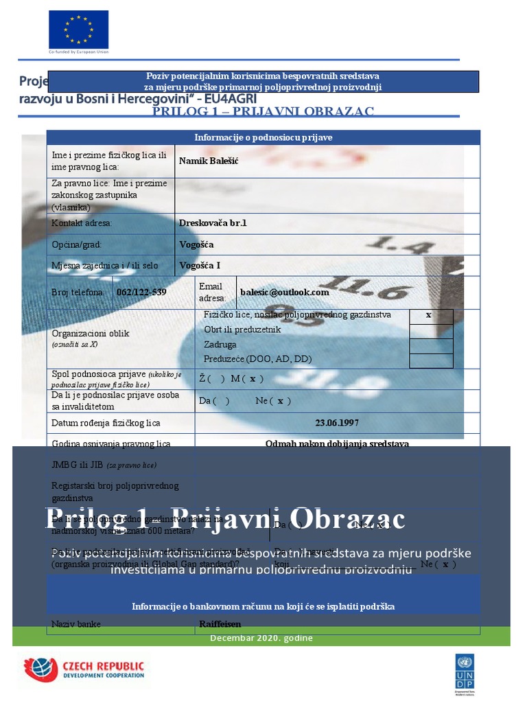 EU4Agri Prilog 1 Obrazac Za Prijavu Na Javni Poziv Primarna Proizvodnja | PDF