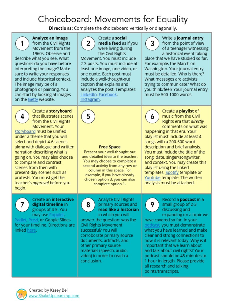 Choiceboard: Movements For Equality: Directions: Complete The ...