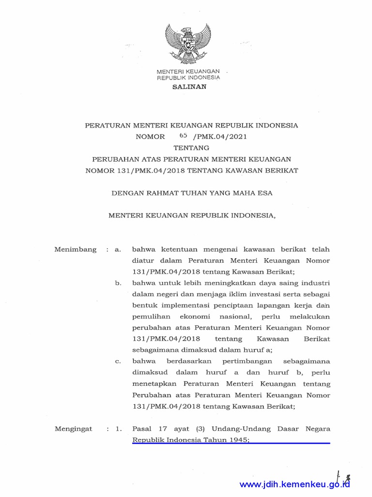 PMK 65 PMK 04 2021 Perubahan PMK 131 PMK 04 2018 Kawasan Berikat | PDF | Bisnis | Pengelolaan ...