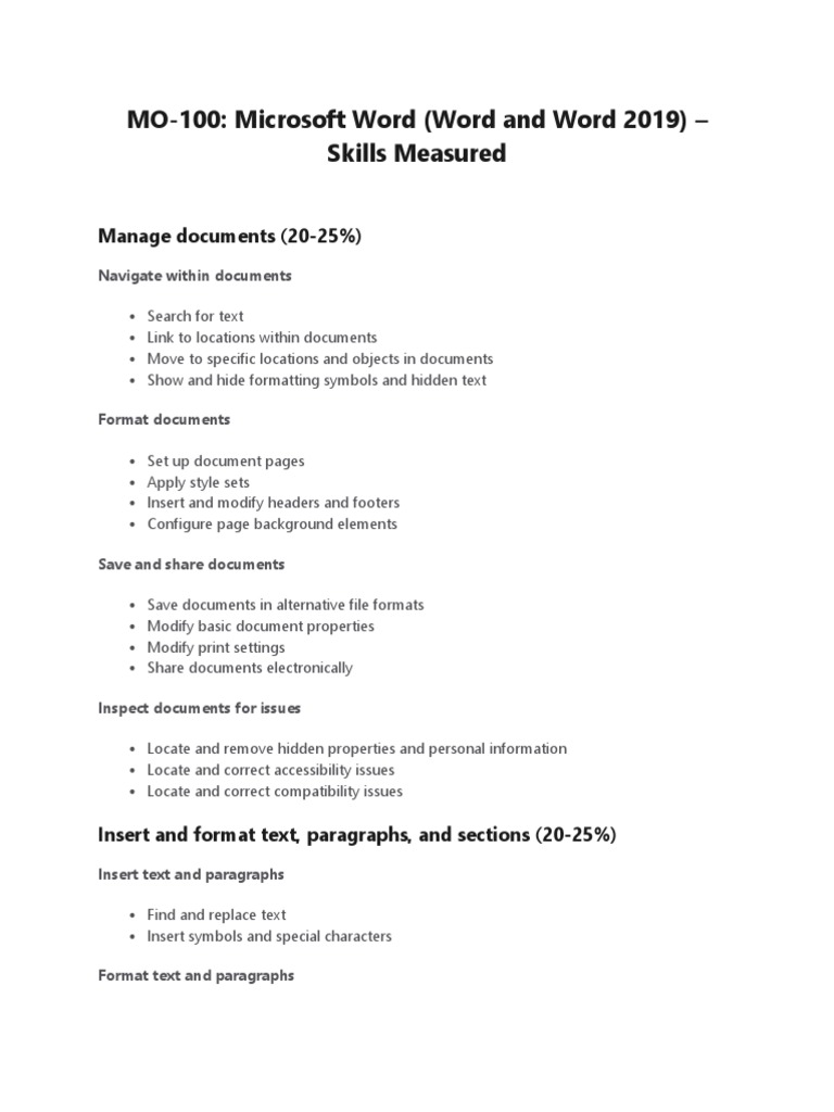 Microsoft Word Skills Overview MO-100 | PDF | Paragraph | Microsoft Word