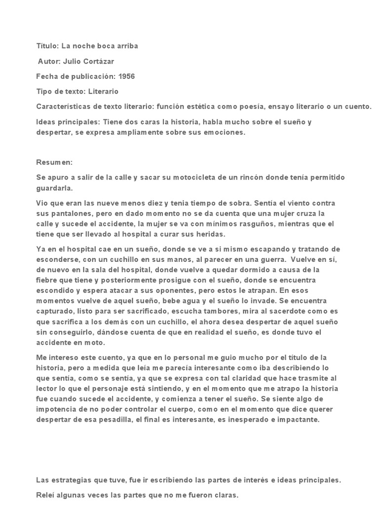 Resumen La Noche Boca Arriba Julio Cortazar | PDF