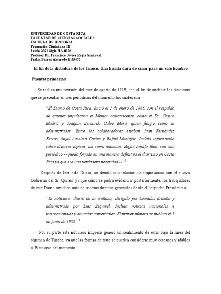 Fin de la Dictadura de los Tinoco | PDF | Costa Rica | Gobierno