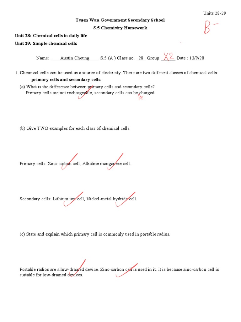 Tsuen Wan Government Secondary School S.5 Chemistry Homework Unit 28 ...