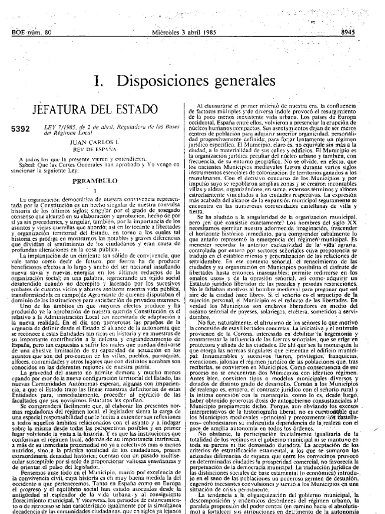 Ley 7-1985, 02-04, Reguladora de Las Bases Del Regimen Local | Estado ...