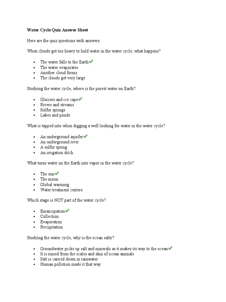Water Cycle Quiz Answers and Key | PDF | Social Science | Travel