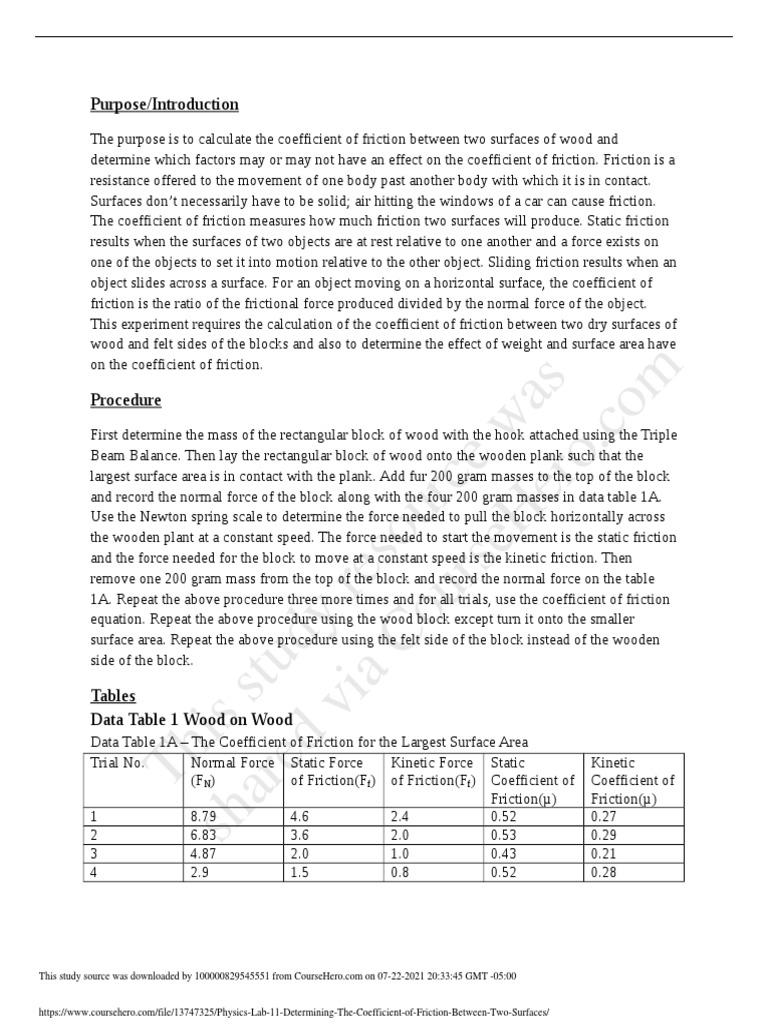 Physics Lab 11 Determining The Coefficient of Friction Between Two ...