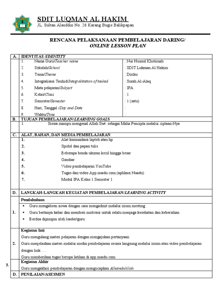 RPP IPA Kelas 1-1 | PDF