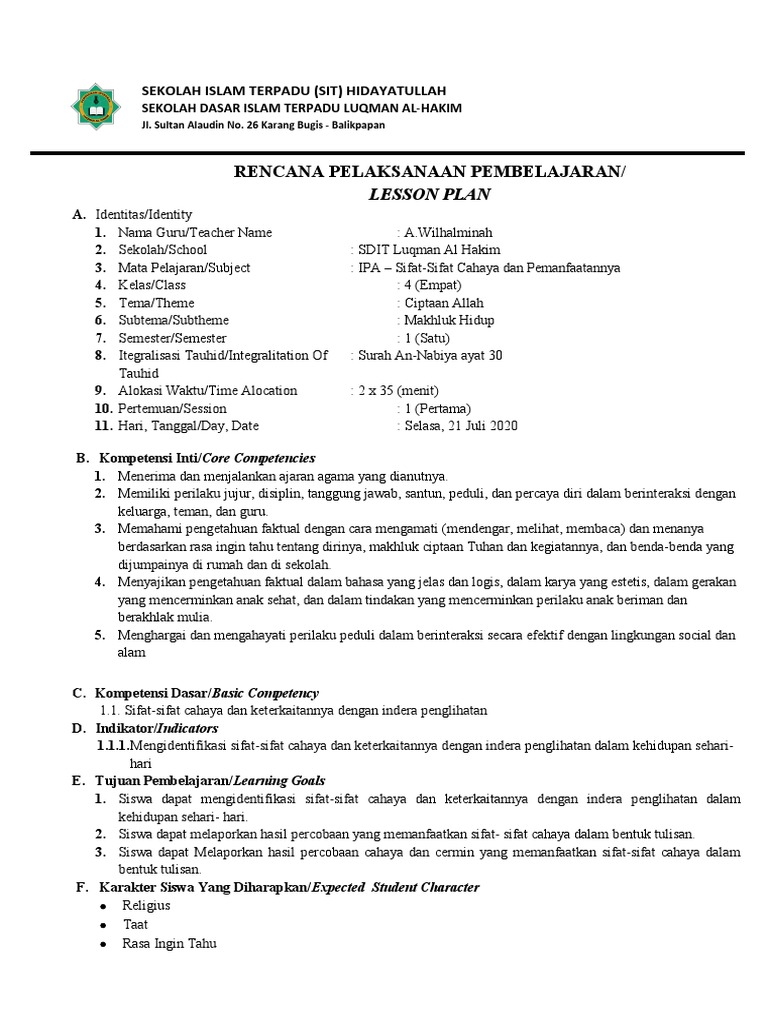 RPP Ipa Kelas 4 Semester 1 2020-2021 | PDF