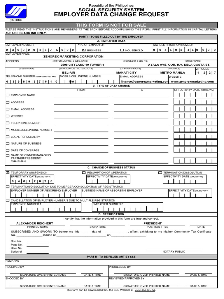 SSS Employer Data Change Request Form | PDF | U.S. Securities And ...