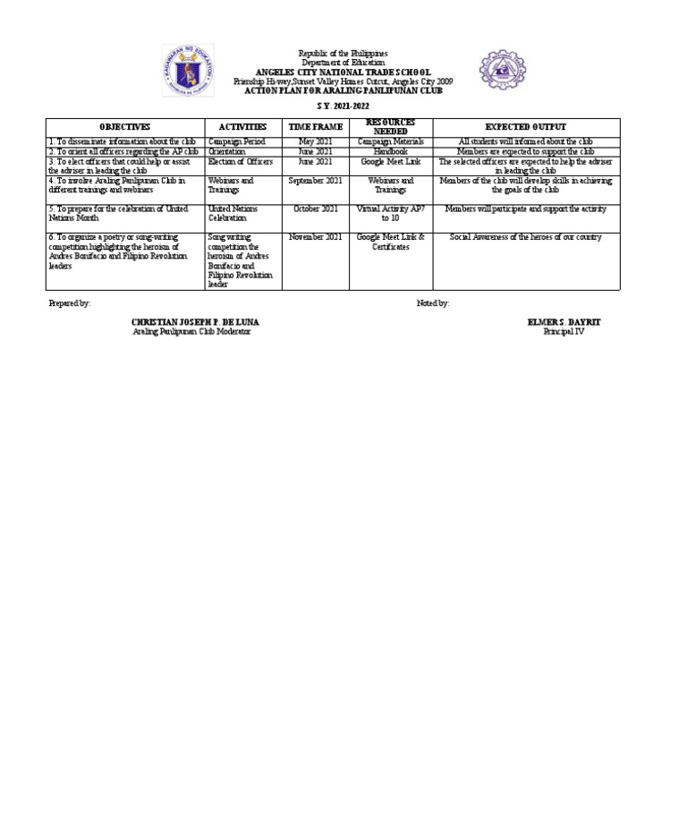 AP Club Action Plan 2021 2022 | PDF