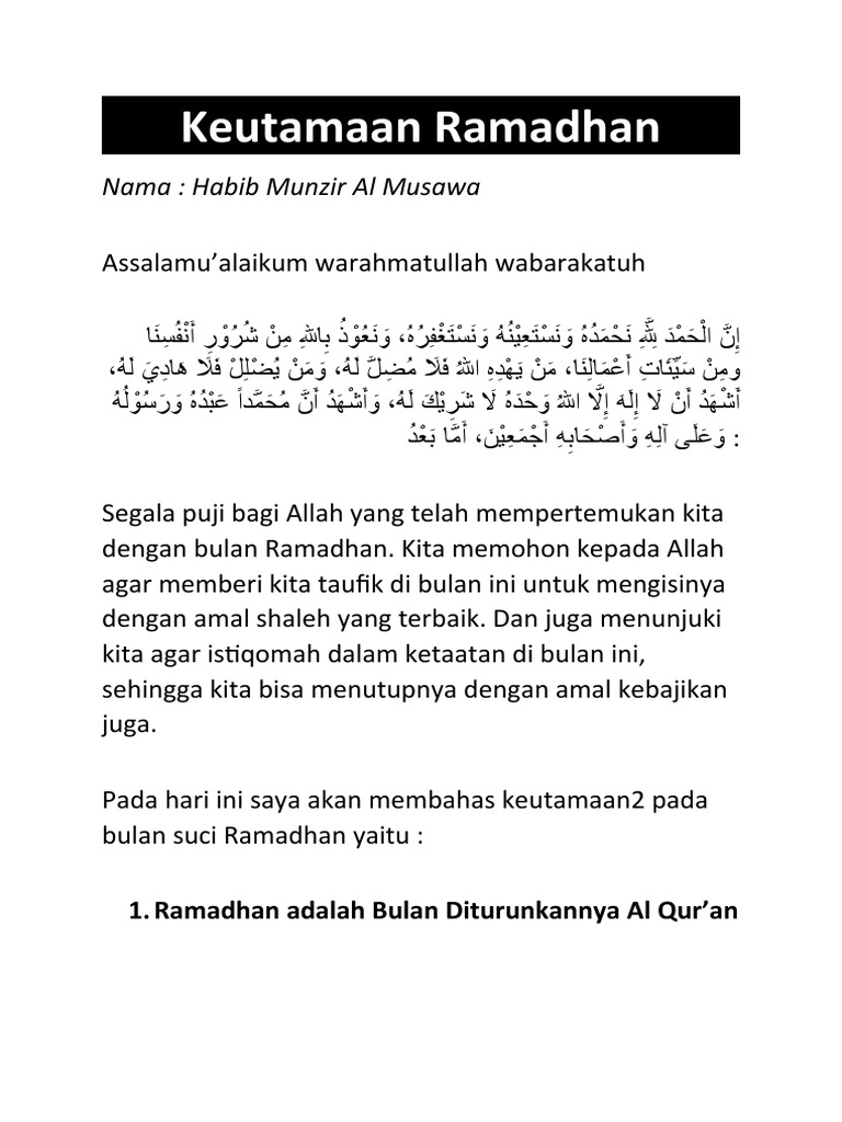 Kultum Keutamaan Bulan Suci Ramadhan | PDF