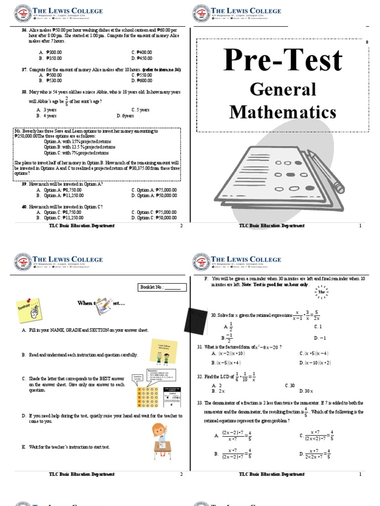 General Mathematics Pre Test | PDF | Function (Mathematics) | Interest