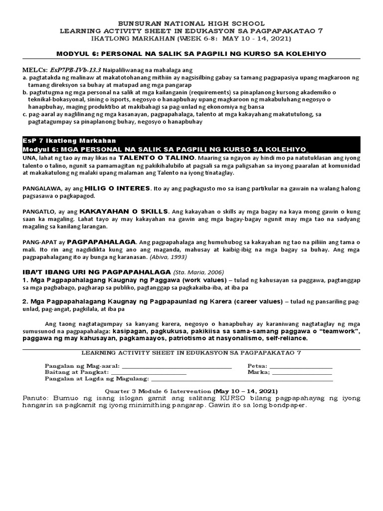 EsP 7 Q3 LAS Modules 6 and 7 | PDF