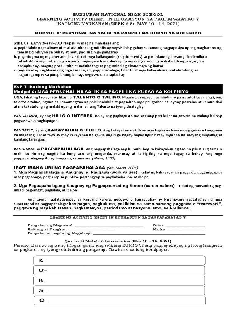 EsP 7 Q3 LAS Modules 6 and 7 | PDF