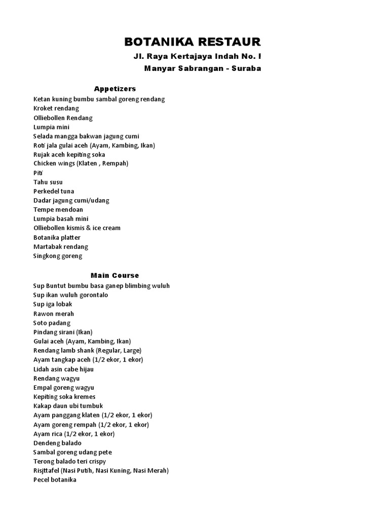 List Menu Botanika Surabaya | PDF