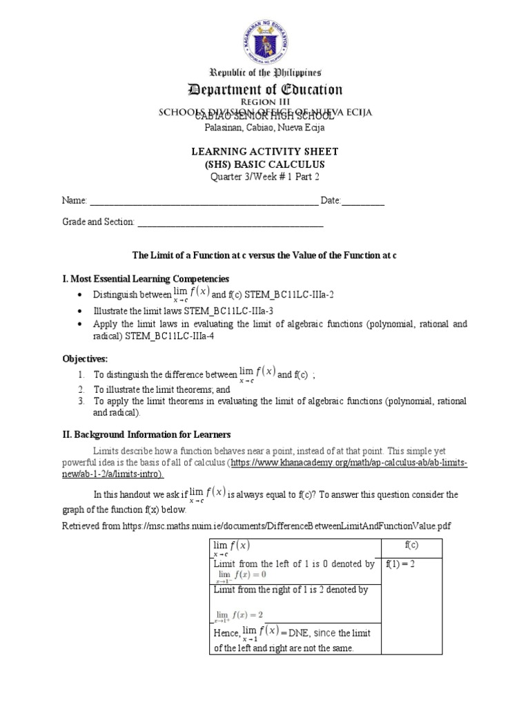 Quarter 3/week # 1 Part 2: Learning Activity Sheet (SHS) Basic Calculus ...