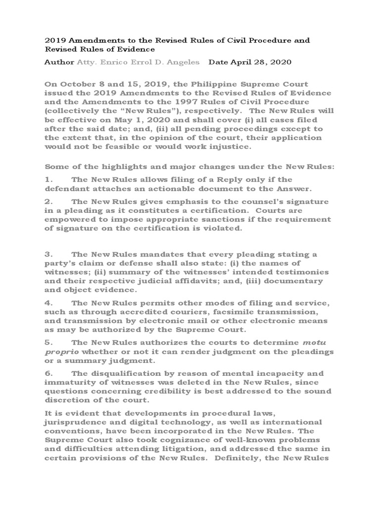 2019 Amendments To The Revised Rules of Civil Procedure and Revised ...