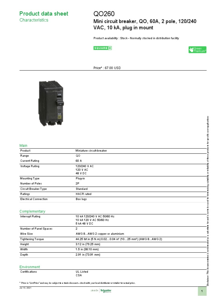 Square D™ QO™ and QOB Miniature Circuit Breakers - QO260 | PDF ...