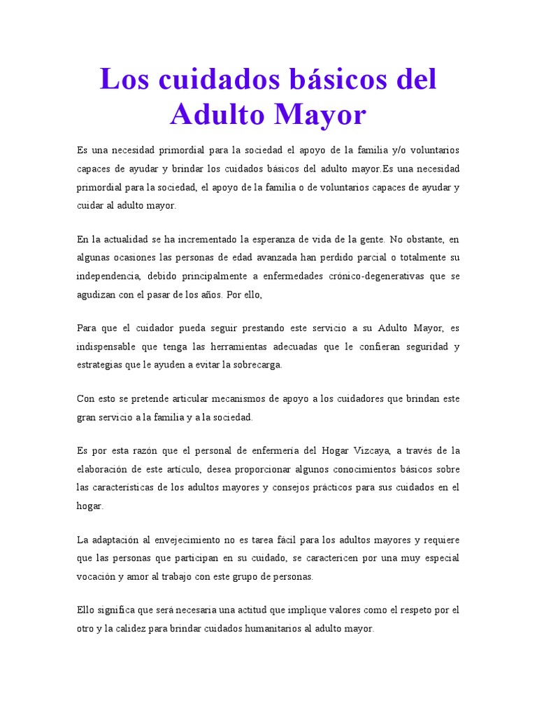 Los cuidados básicos del Adulto Mayor | PDF | Vejez | Adultos