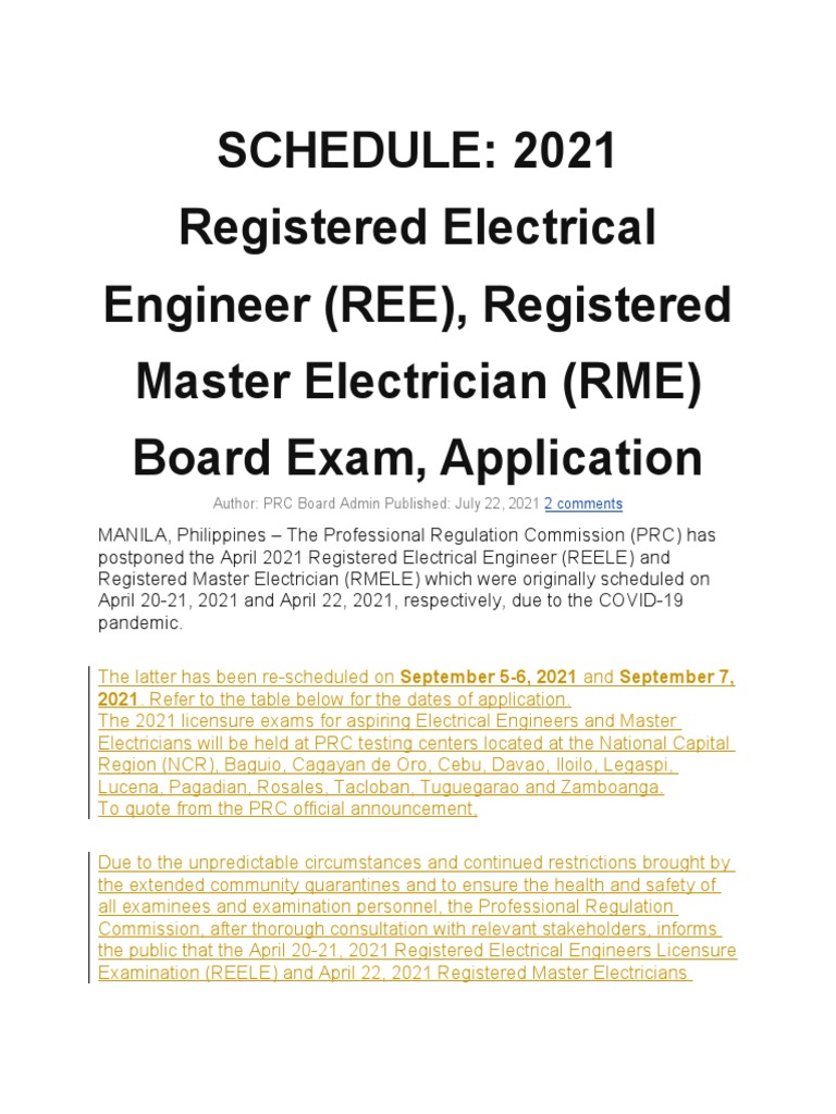SCHEDULE: 2021 Registered Electrical Engineer (REE), Registered Master ...
