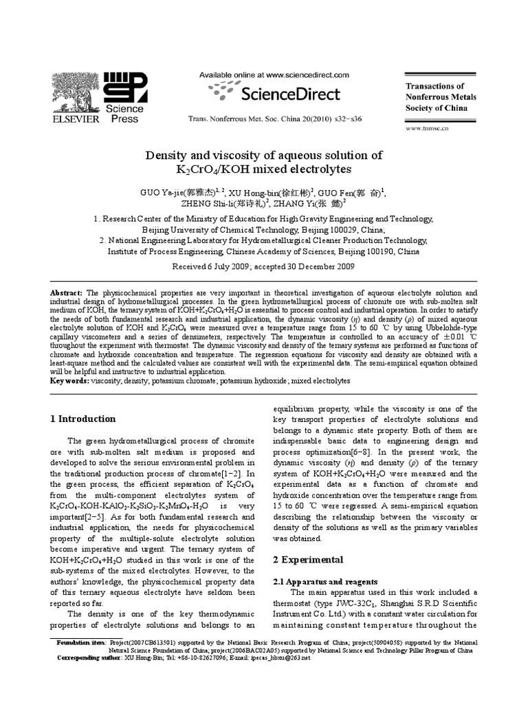 Density and Viscosity of Aqueous Solution of K Cro /koh Mixed ...