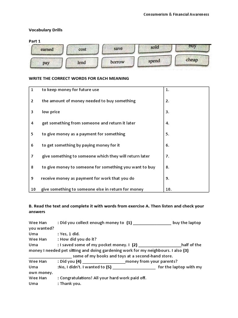 Vocabulary Drills: Consumerism & Financial Awareness | PDF | Money ...