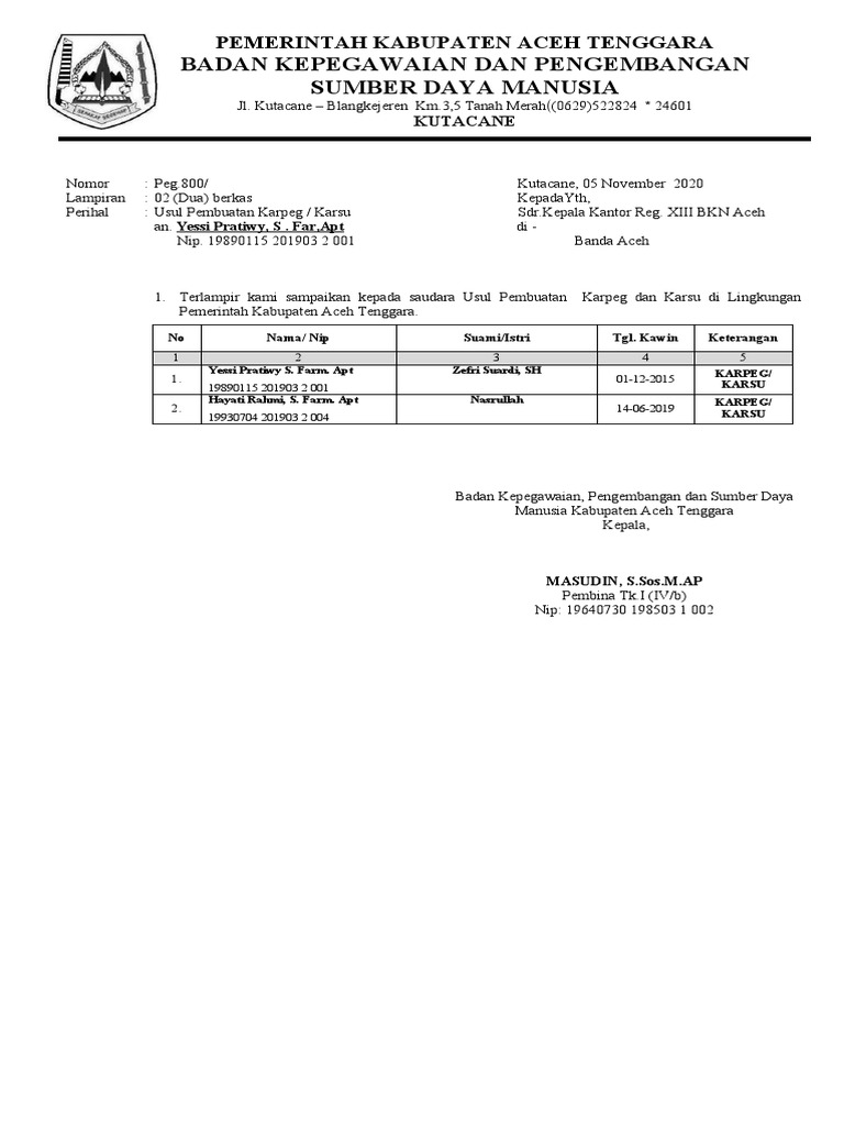 Usul Karpeg/Karsu Aceh Tenggara | PDF