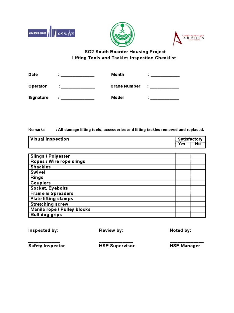 Lifting Tools & Tackles Inspection Checklist Forms | PDF
