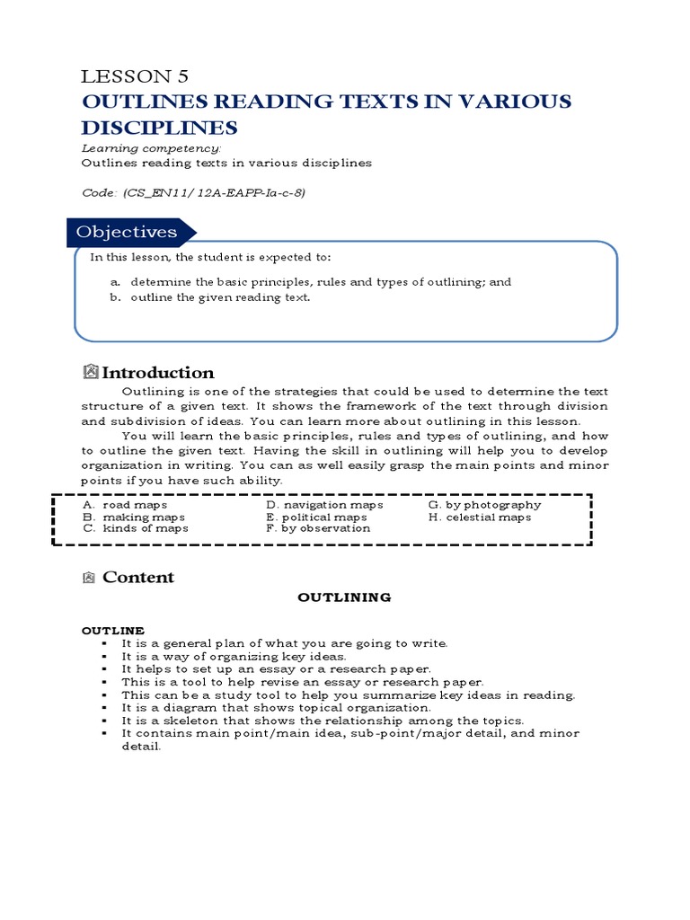 Lesson 5 Outlines Reading Texts in Various Disciplines | PDF ...