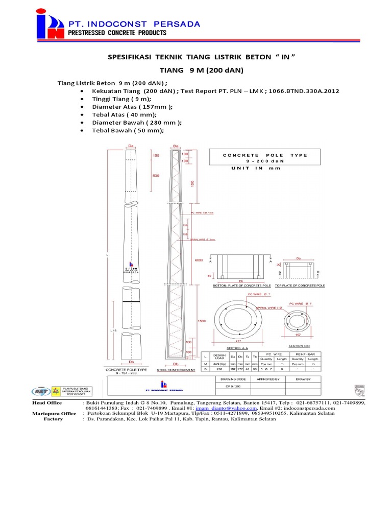 Spesifikasi Tiang Listrik Beton 9-13m | PDF