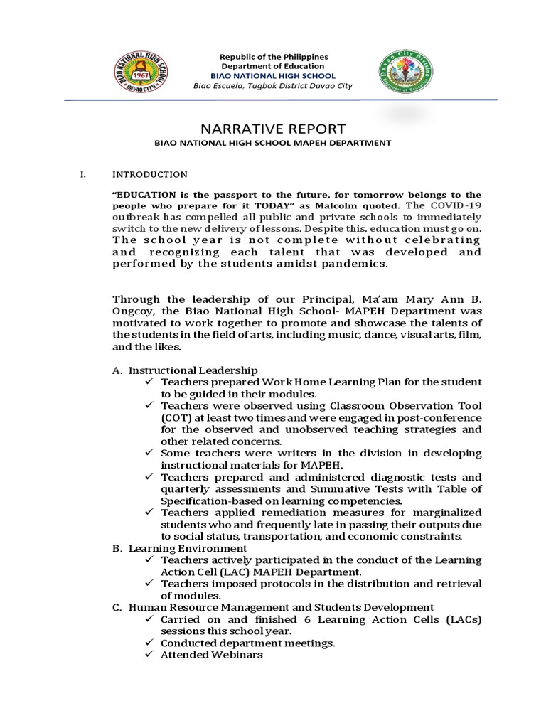 BIAO NHS - Narrative Report in MAPEH | PDF | Teachers | Behavior Modification