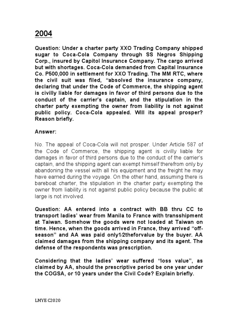 Transpo BAR QA | PDF | Legal Liability | Bill Of Lading