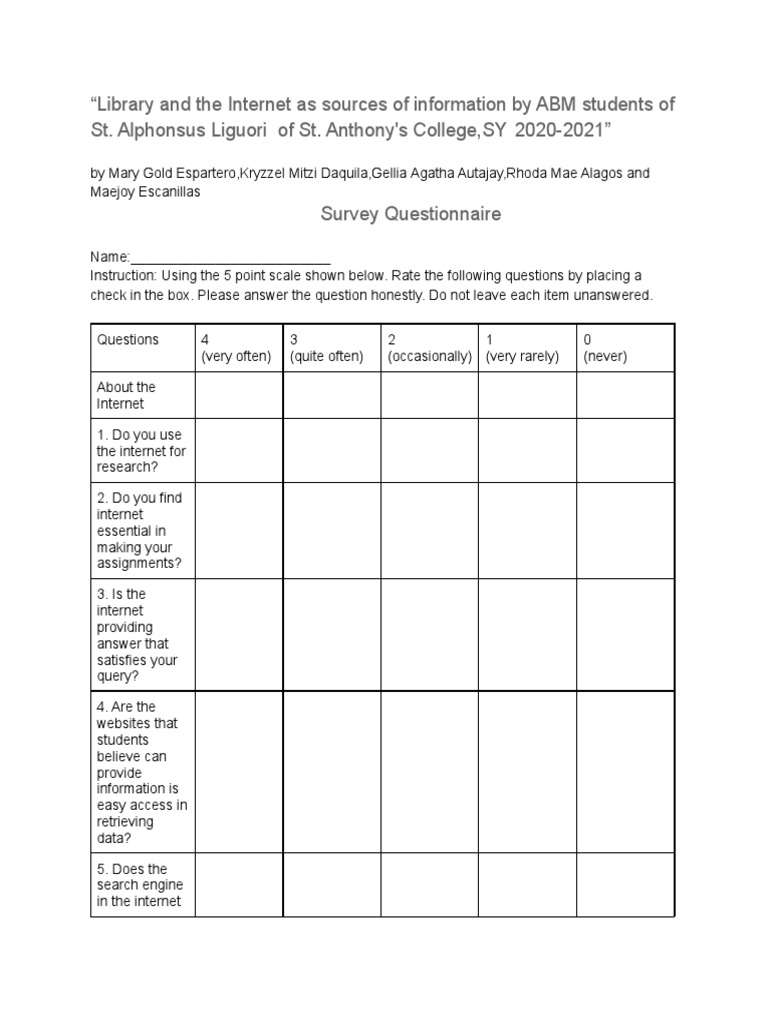 Survey Questions Example | PDF | Information Retrieval | Internet