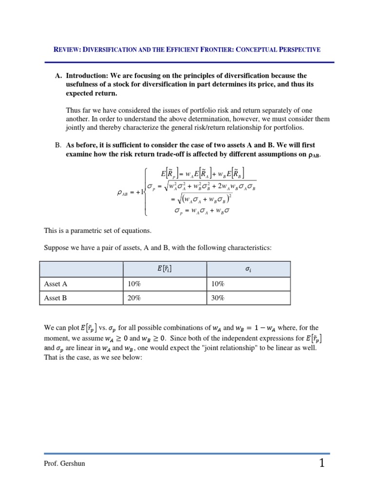 Review of The Lecture - Diversification and The Efficient Frontier ... Review of The Lecture - Diversification and The Efficient Frontier ...