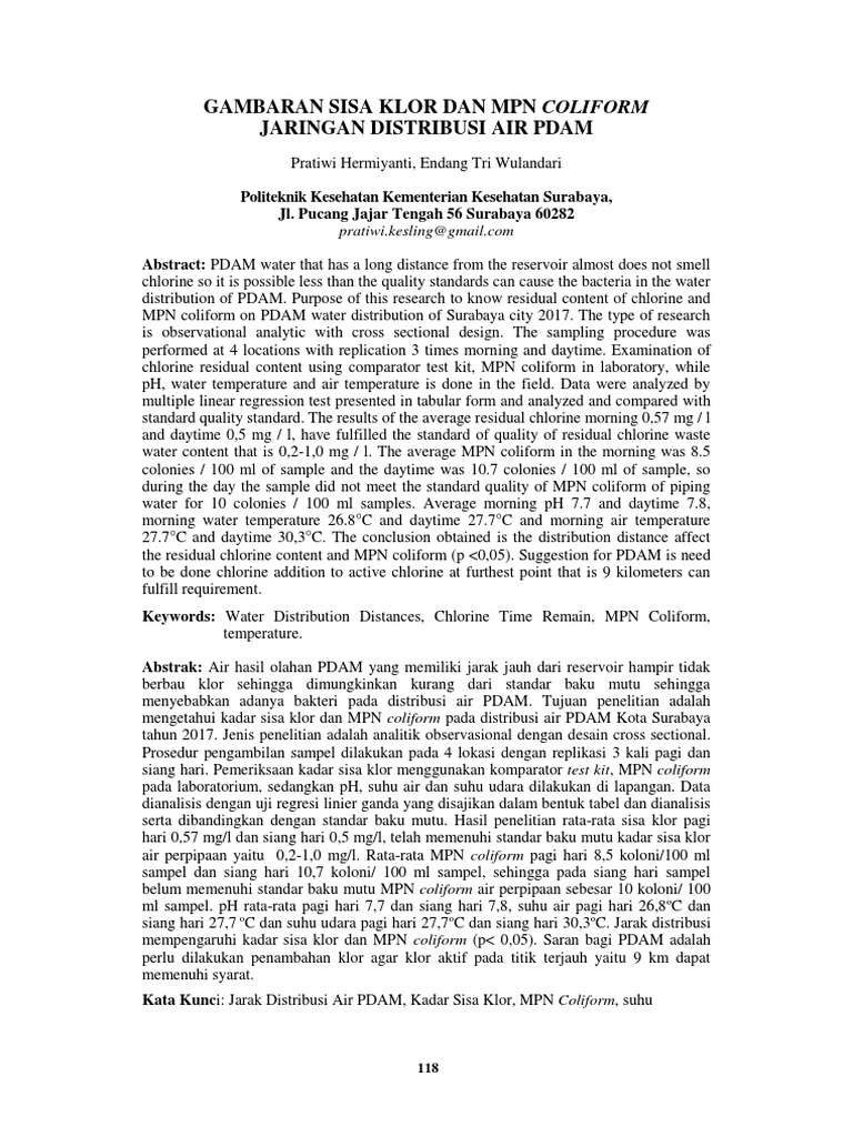Gambaran Sisa Klor Dan MPN Coliform Jaringan Distribusi Air Pdam | PDF | Transparent Materials ...