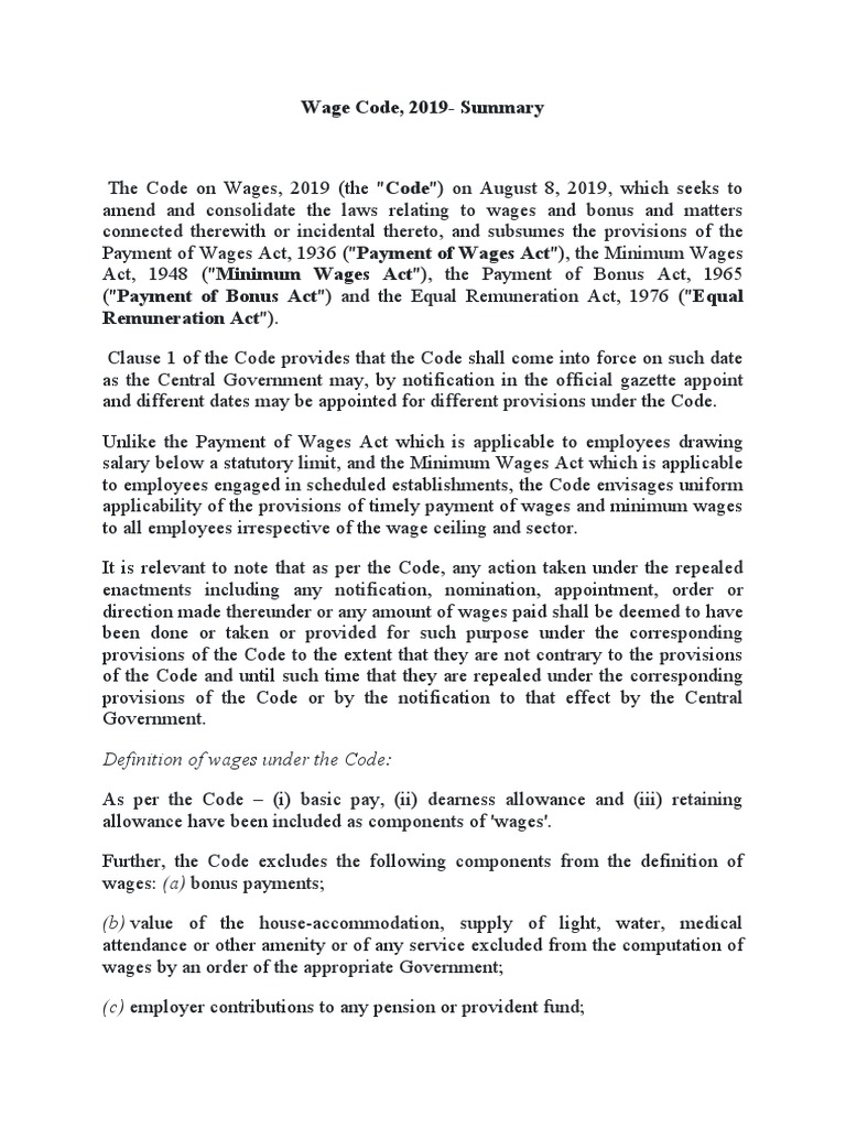 Wage Code Summary | PDF | Wage | Employment