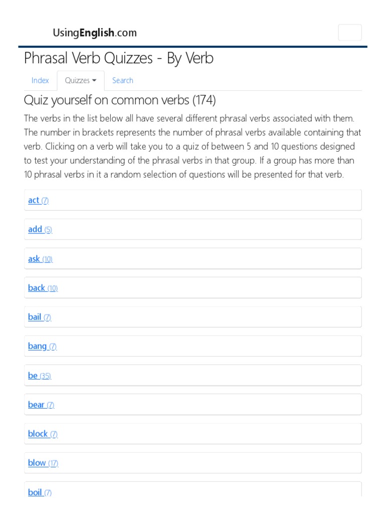 Phrasal Verb Quizzes Listed by Verb | PDF | Leisure