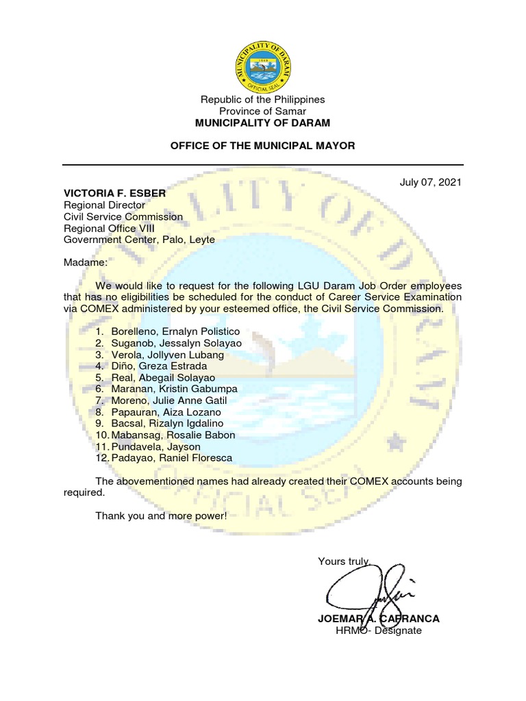 Request For CS Exam Via COMEX | PDF