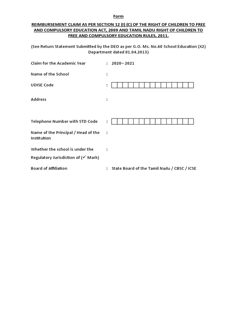 RTE Claim Form - 2020-2021 (Addl Form) | PDF | Government | Schools