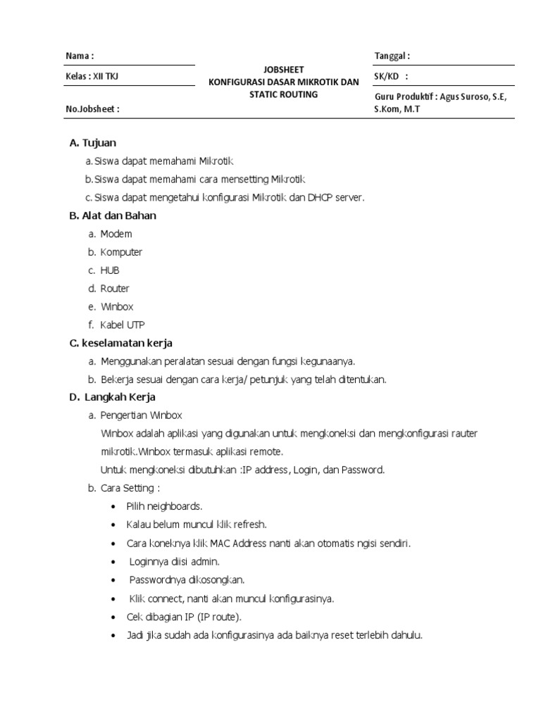 Jobsheet 01 Mikrotik Dasar Dan Static Routing | PDF