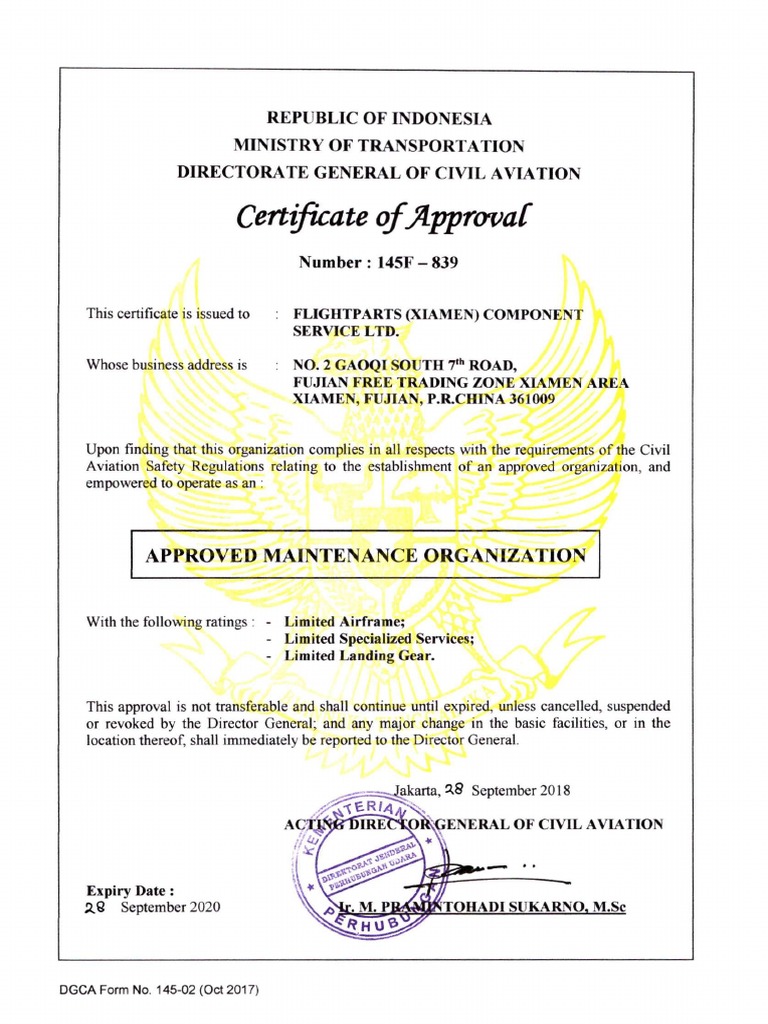 Certificate Ofapprovac: Republicofindonesia Ministry of Transportation ...