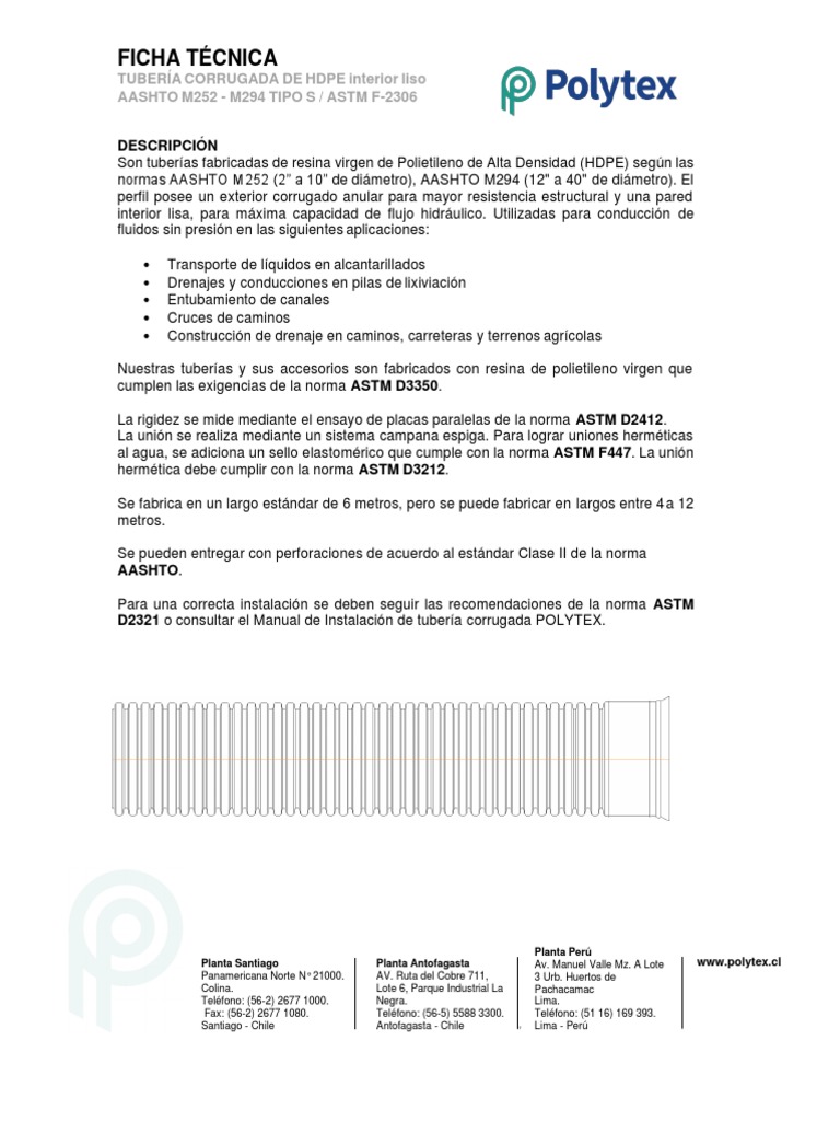 Tubería Corrugada HDPE AASHTO M252-M294 | PDF | Tubería (transporte de ...