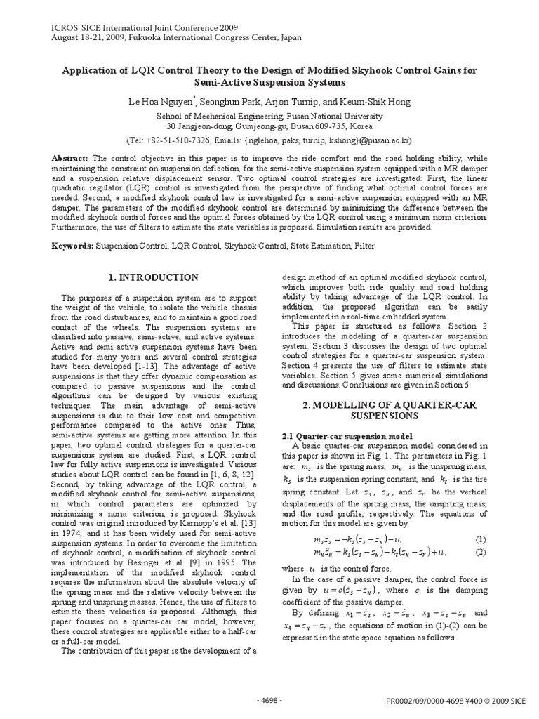 Application of LQR Control Theory To The Design of Modified Skyhook ...
