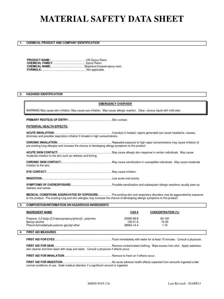 Material Safety Data Sheet: MSDS #105-13a Last Revised: 26APR13 ...