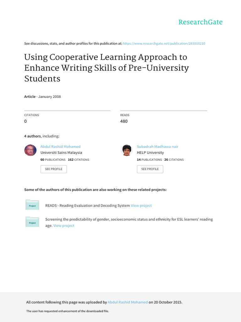 Using Cooperative Learning Approach To Enhance Writing Skills of Pre ...