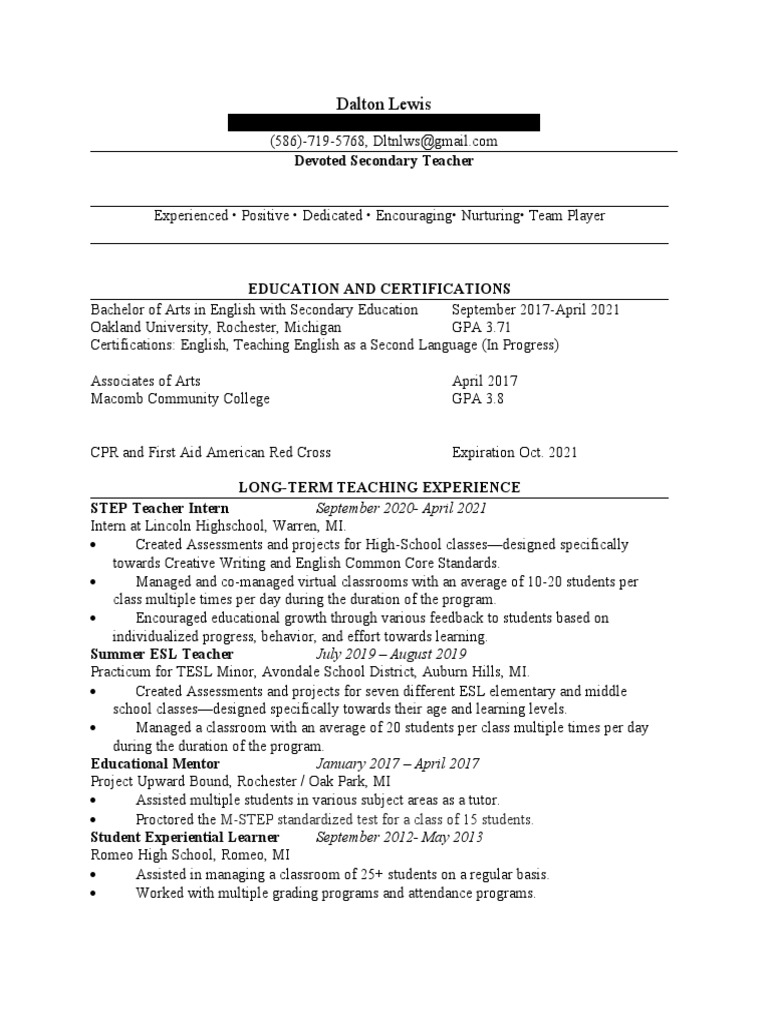 Dalton Lewis Resume July 2021 | PDF | English As A Second Or Foreign ...