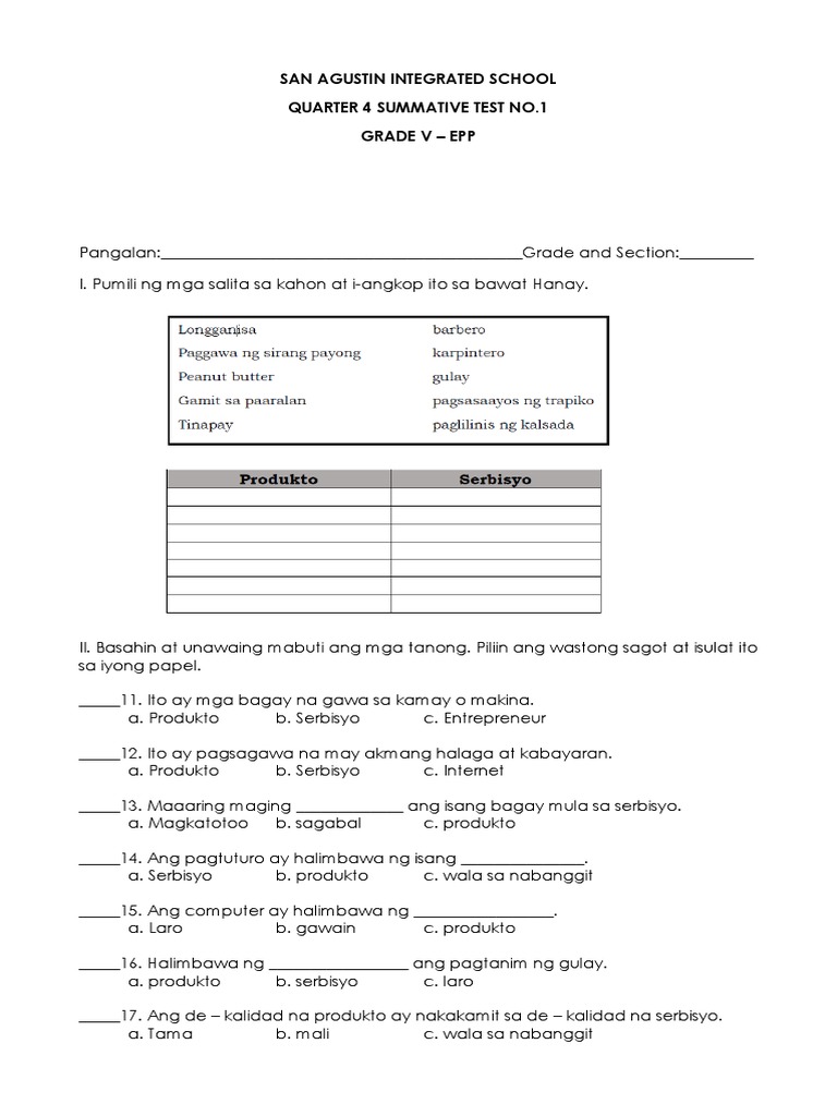 Grade 5 Summative Test Epp | PDF