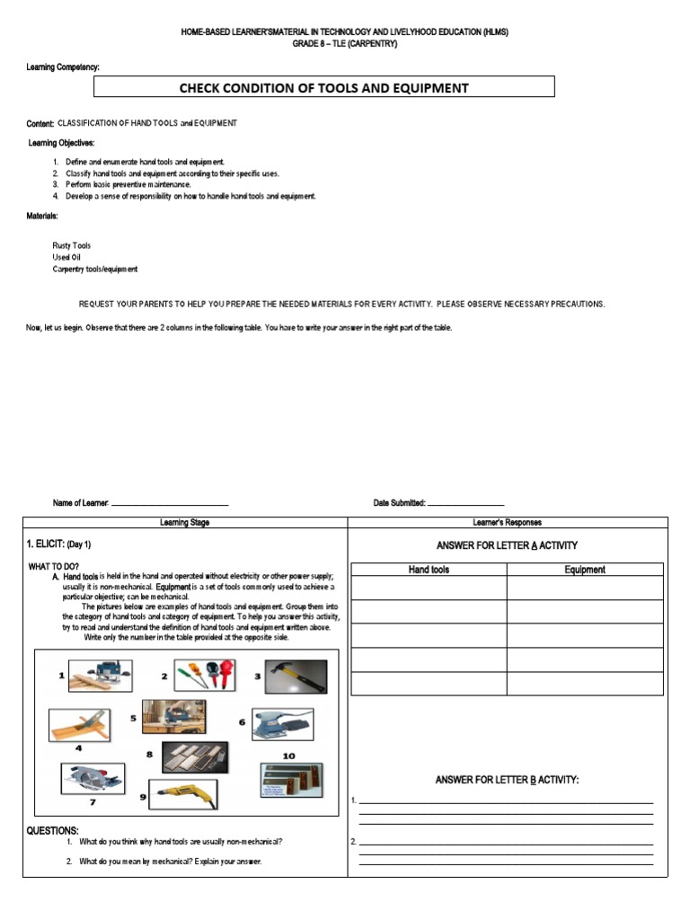 Check Condition of Tools and Equipment | PDF | Tools | Woodworking